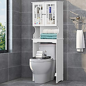 BestComfort Over The Toilet Storage Cabinet, Home Bathroom Space Saver Organizer Above Toilet, Double Doors and Adjustable Shelf, Wooden Freestanding Toilet Storage Rack Unit, 67 in H (White)