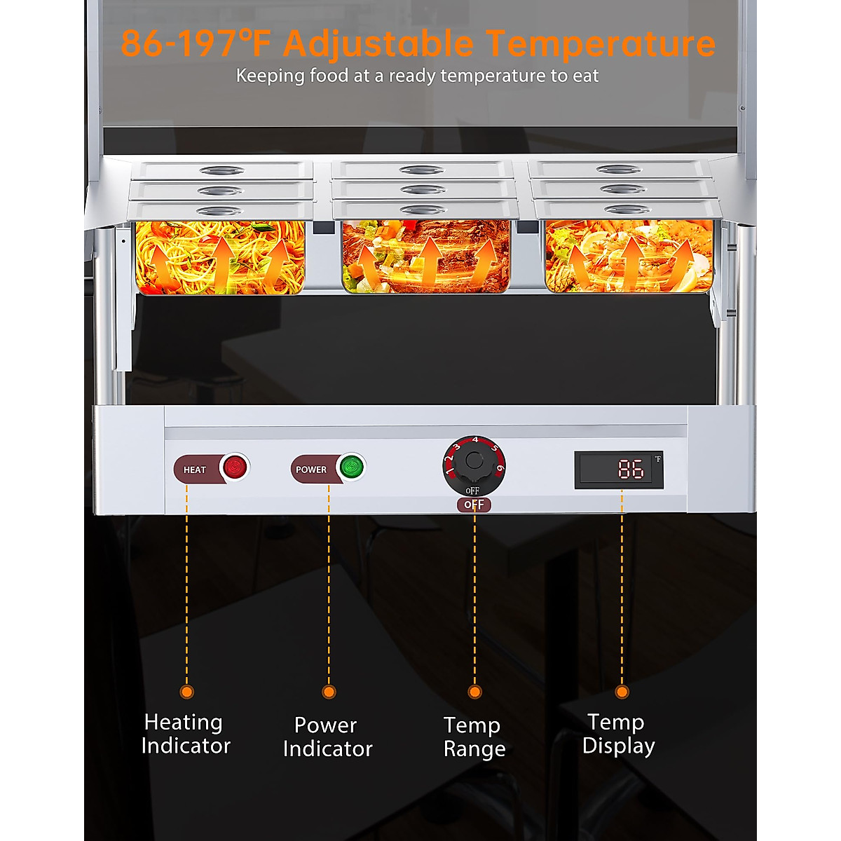 72QT Steam Table 9x8QT Electric Commercial Food Warmer 9-Pans with Acrylic Shield Stainless Steel Bain Marie Countertop with Lockable Wheels for Restaurants Buffets Party 1500W, 110V