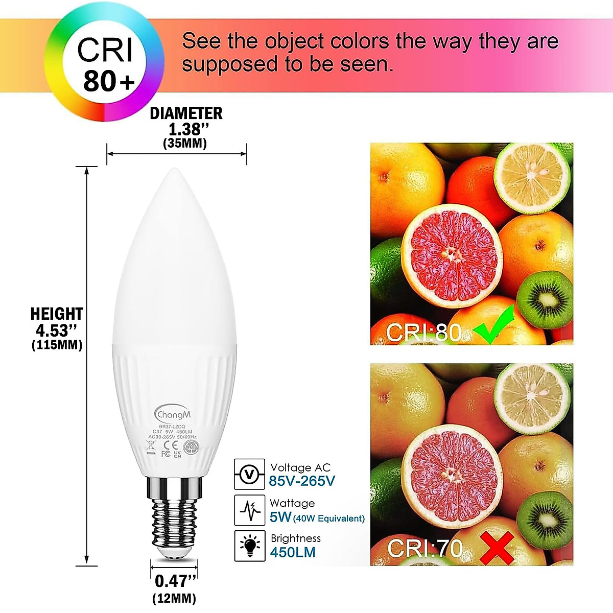 E12 LED Light Bulbs 5W,40W Equivalent, Small Base B11 Candelabra Light Bulbs, Set of 6 LED Color Changing Light Bulbs, Dimmable Color Candle Bulb with Remote Control RGB Cool White 5700K