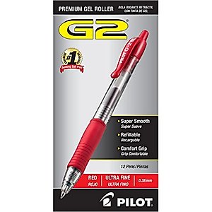 PILOT G2 Premium Refillable & Retractable Rolling Ball Gel Pens, Ultra Fine Point, Red Ink, 12-Pack (31279)