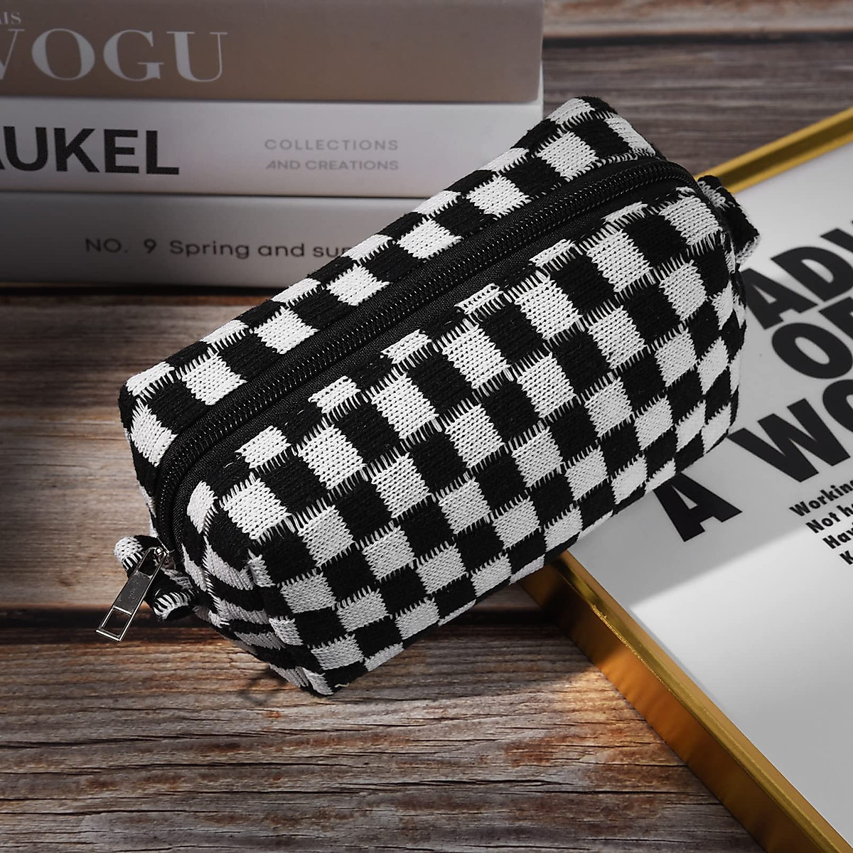 SOIDRAM 2 Pieces Checkered Cosmetic Travel Bags - Cute Makeup Pouch Organizers With Brush Storage for Women