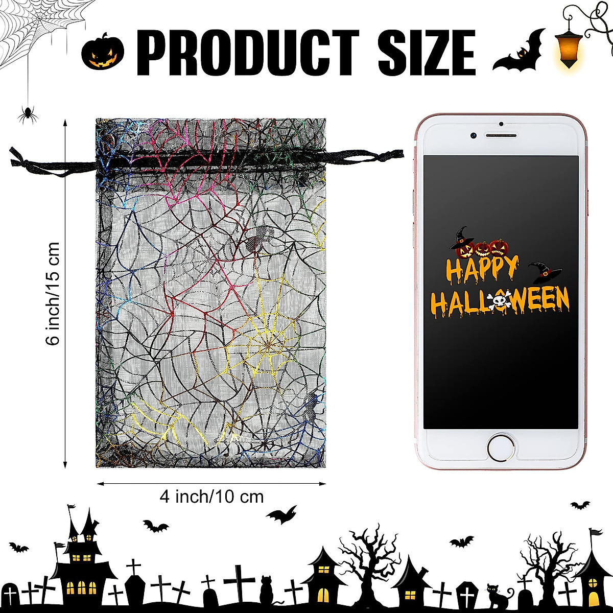 Chumia 270 Pcs Halloween Organza Bags Spider Web Skull Print Treat Bags with Drawstring Sheer Candy Gift Bags for Halloween Party Favors Supplies (4 x 6 Inch)