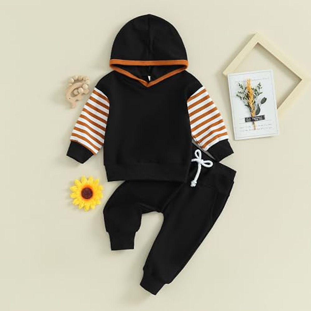 Hoanselay Toddler Baby Boy Color Block Sweatsuit Clothes Long Sleeve Hoodie Sweatshirt Top and Pants Fall Winter Outfit Set (Black striped, 18-24 Months)