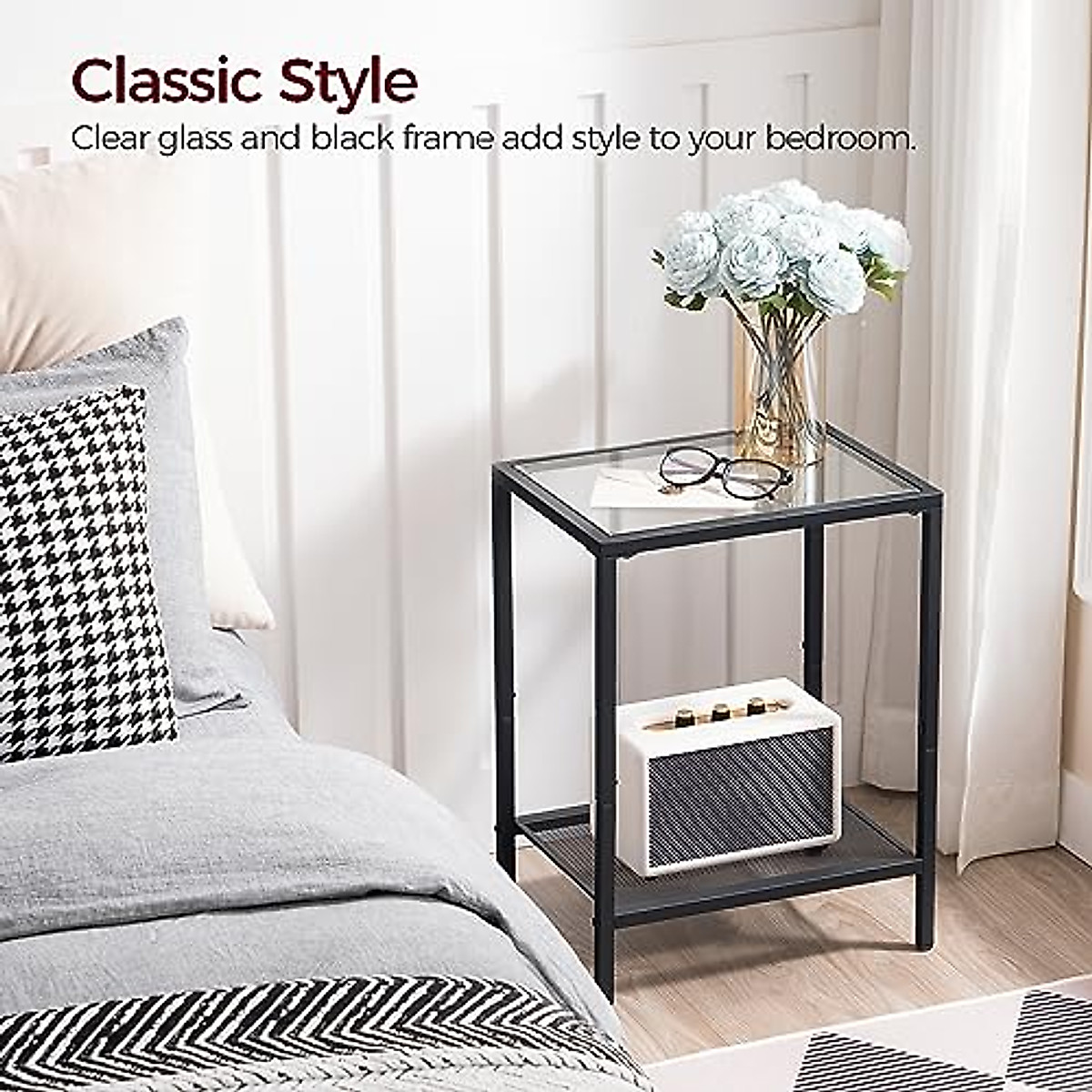 MAHANCRIS End Tables Set of 2, Side Table with Tempered Glass Top, Narrow Beside Table for Small Space, 2-Tier Nightstand with Storage Shelf, for Sofa Couch and Bed, Easy Assembly, Black ETH24B01S2