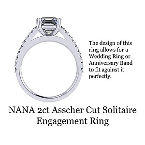 NANA Jewels Womens 2.00ct Asscher Cut Cathedral Solitaire Engagement Ring, Rhodium-Plated-Silver, Size 7