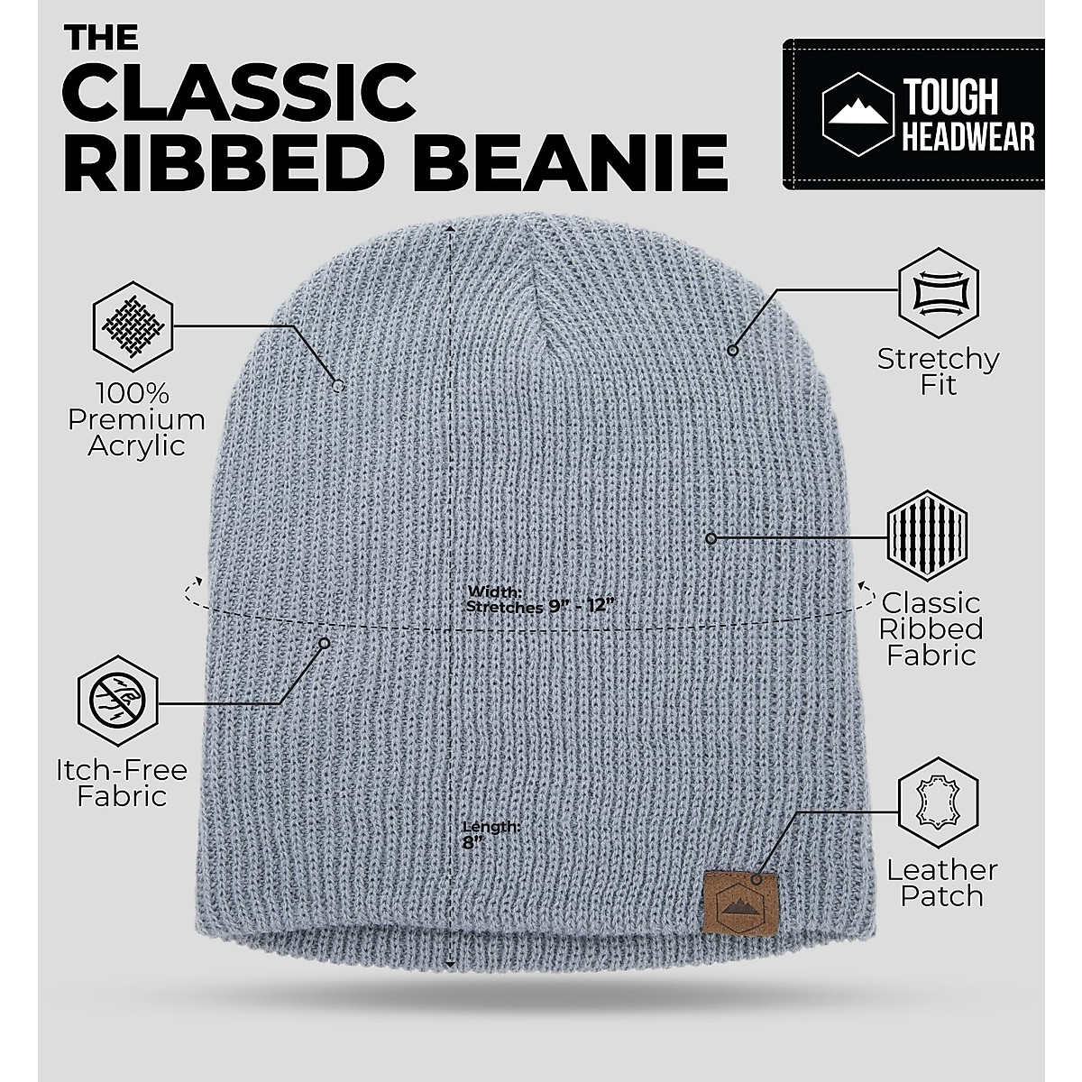 Tough Headwear Beanies for Men & Women - Knit Beanie, Warm & Soft Ribbed Beanie, Daily Knit Hat, Women & Mens Toboggan Hat for Cold Weather Light Gray
