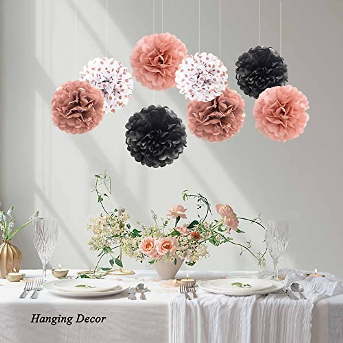 ANSOMO Rose Gold and Black Tissue Paper Pom Poms Party Decorations Flowers Pink Wall Hanging Décor Supplies Birthday Bridal Baby Shower Wedding Graduation