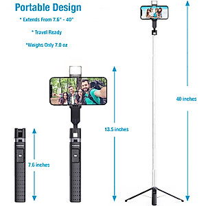 Fugetek 40'' Quadrapod Lighted Selfie Stick Stand, Lightweight 7oz, Wireless Bluetooth Remote, Patented Ultra Stable 4 Legs, 3 Onboard Light Modes, Compatible with iPhone & Android (Black)