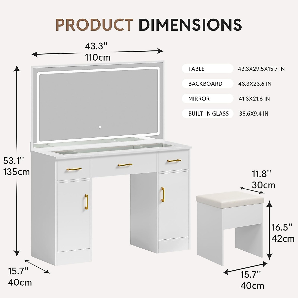 WAYES 43.3" Clear Glass Top Makeup Vanity Desk Set with LED Mirror, Charging Station, and Storage Stool, Modern, White