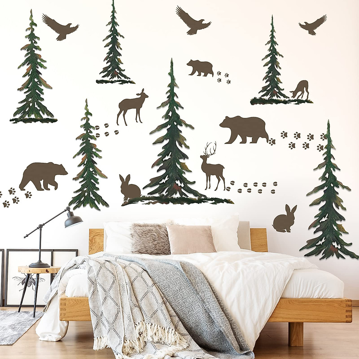 62 Pieces Forest Wall Decal Wild Animal Nursery Wall Decals Woodland Vinyl Wall Decals Forest Wallpaper Pine Tree Forest Decor Forest Animal Bear Deer Wall Sticker for Christmas Kids DIY Bedroom