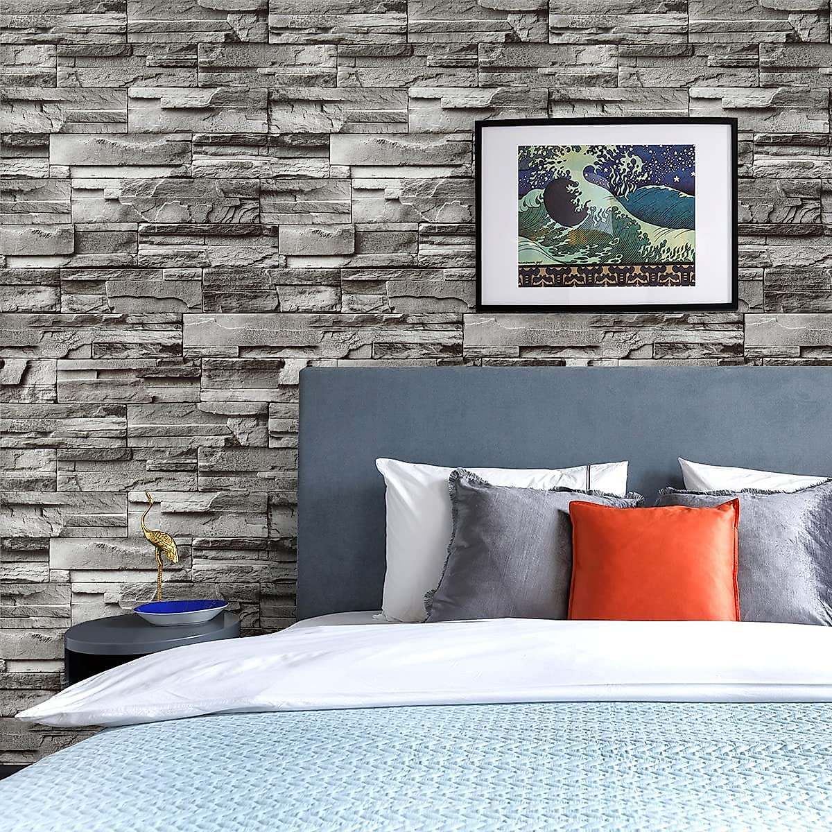 Jeweluck Stone Brick Wallpaper Peel and Stick Wallpaper 17.7inch×118.1inch Faux Stone Self Adhesive Wallpaper Kitchen Backsplash Gray Brick Contact Paper Stone Removable Wall Paper Decor Vinyl