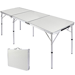 RedSwing Tri-fold 6ft Folding Table, Aluminum Outdoor Table with Adjustable Heights Legs, Portable Lightweight Camping Table for Picnic, Party, Beach, 72"x24", White