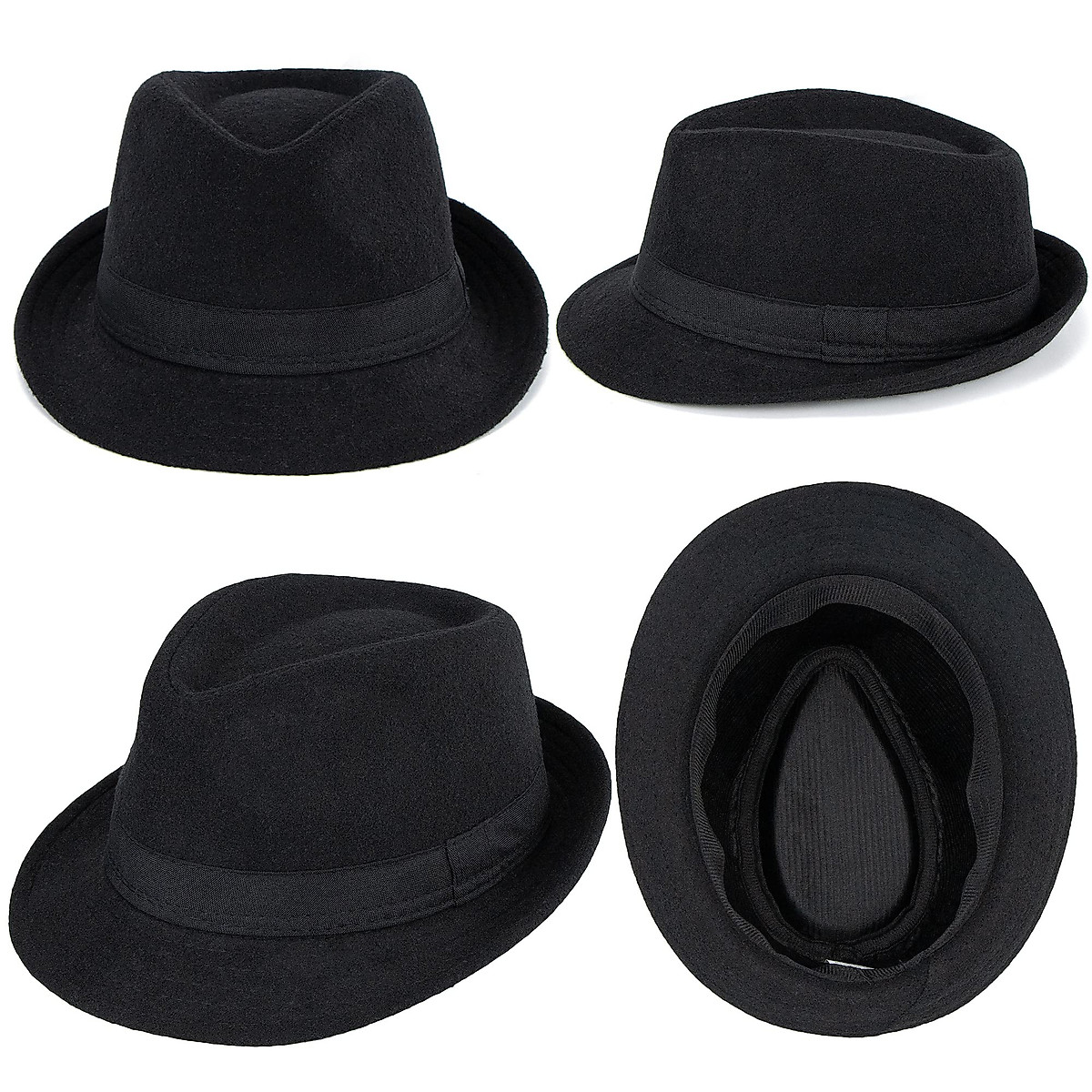 Unisex Classic 20s Trilby Fedora-Hat Casual Manhattan Short-Brim Structured Gangster Panama Felt Jazz Cap Black