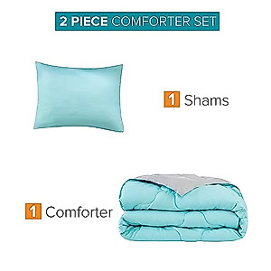 Comfort Spaces Vixie Reversible Comforter Set - Trendy Casual Geometric Quilted Cover, All Season Down Alternative Cozy Bedding, Matching Sham, Aqua/Gray, Twin/Twin XL 2 piece