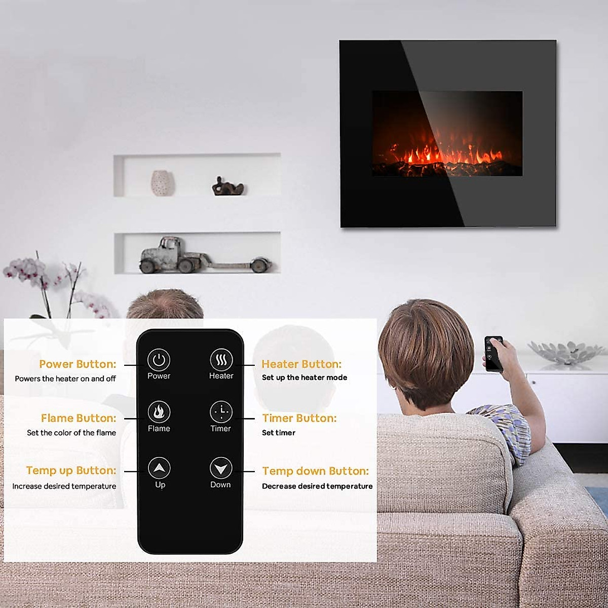 Electric Fireplace Wall Mounted Heater, 1500W Freestanding Fireplace Heater with 10 Colorful Flame Brightness Adjustment, 3D Realistic Flame Effect, Full Screen Glass & Remote Control, 26 Inch
