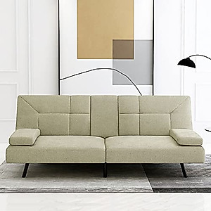 IULULU Sofa Bed, Modern Convertible Futon Sleeper Couch Daybed with 2 Cup Holders, Removable Memory Foam Armrests for Studio, Apartment, Office,Living Room, Khaki Sage