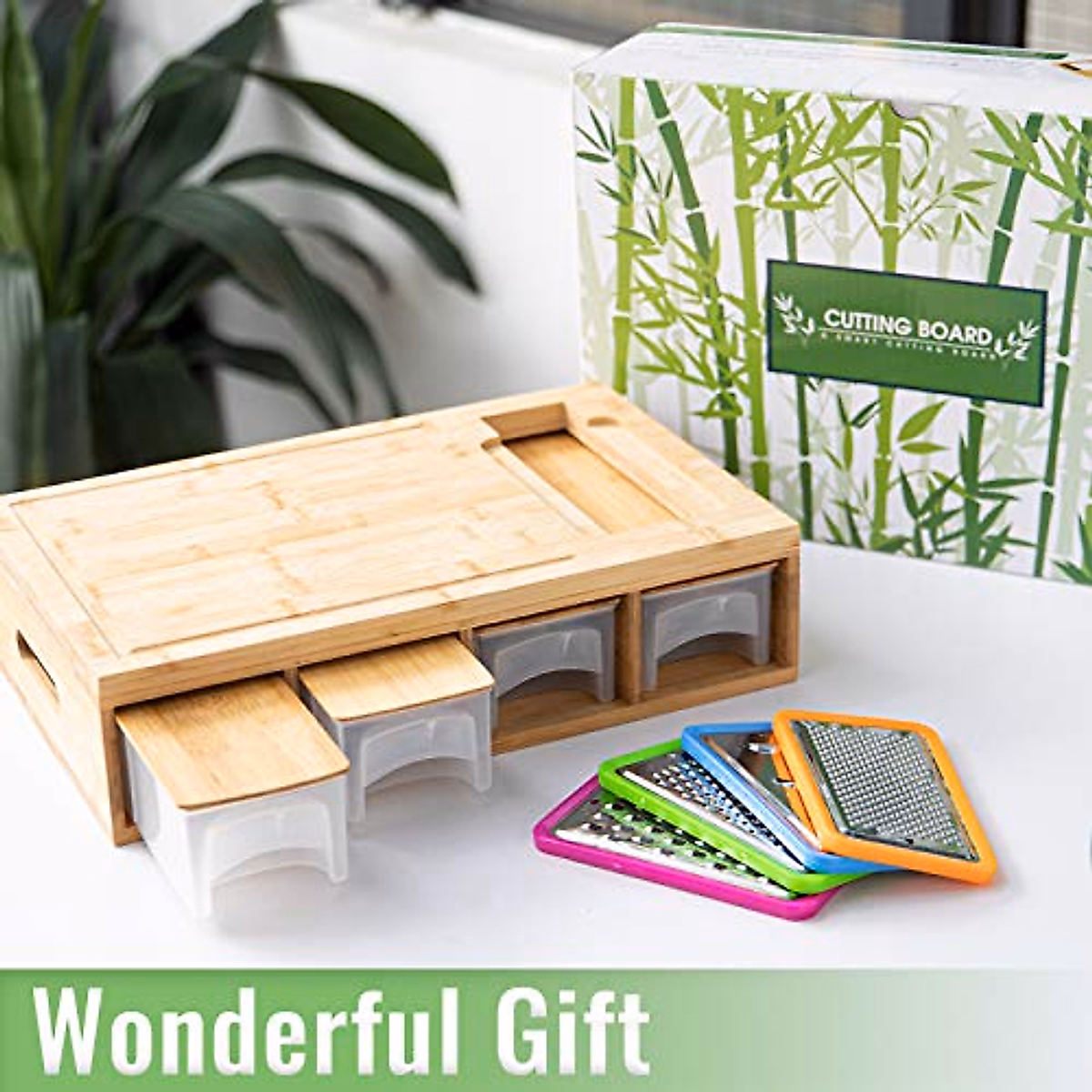 SHINESTAR Bamboo Cutting Board with Containers, Sturdy Meal Prep Station for Kitchen, Includes 4 Graters, 4 Trays with Lids - Easy Food Storage