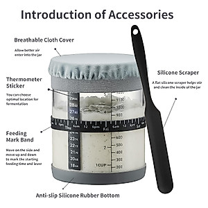 Sourdough Starter Jar,50oz Wide-Mouth with Non-slip silicone rubber Bottom Sourdough Starter Kit,Date Marked Feeding Band, Thermometer, Cloth Cover & Bamboo Lid, Reusable Sourdough Bread Baking