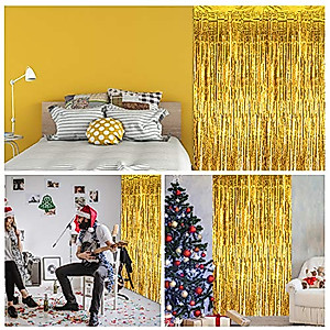 HDLJD Shiny Gold Metallic Foil Fringe Door & Window Curtain Party Decoration 3.3' X 6.6' （Value Pack of 2）