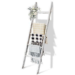 5-Tier Blanket Ladder Wooden, 5.3FT(63'') Blanket Quilt Holder Rack Decorative Ladder, Easy Assembly, Rustic Farmhouse Ladder Shelf for The Living Room Bedroom Bathroom Home Decor, White Wash