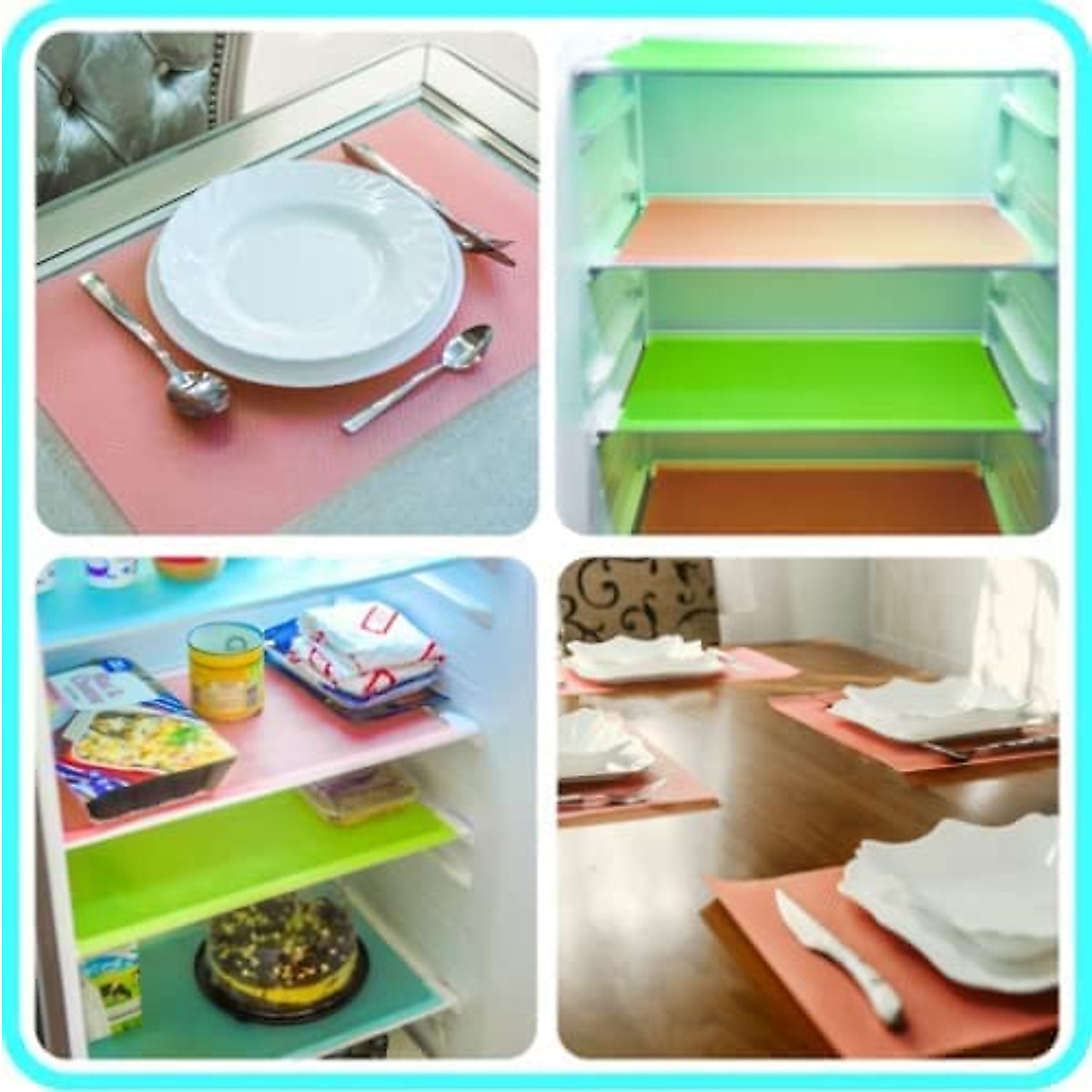 Bravolated 12 Pack Refrigerator Mats Shelf Liners for Glass Shelves (4 Green 4 Blue 4 Red) Fridge Liners Washable Pads Liners for Refrigerator EVA Shelf Liner