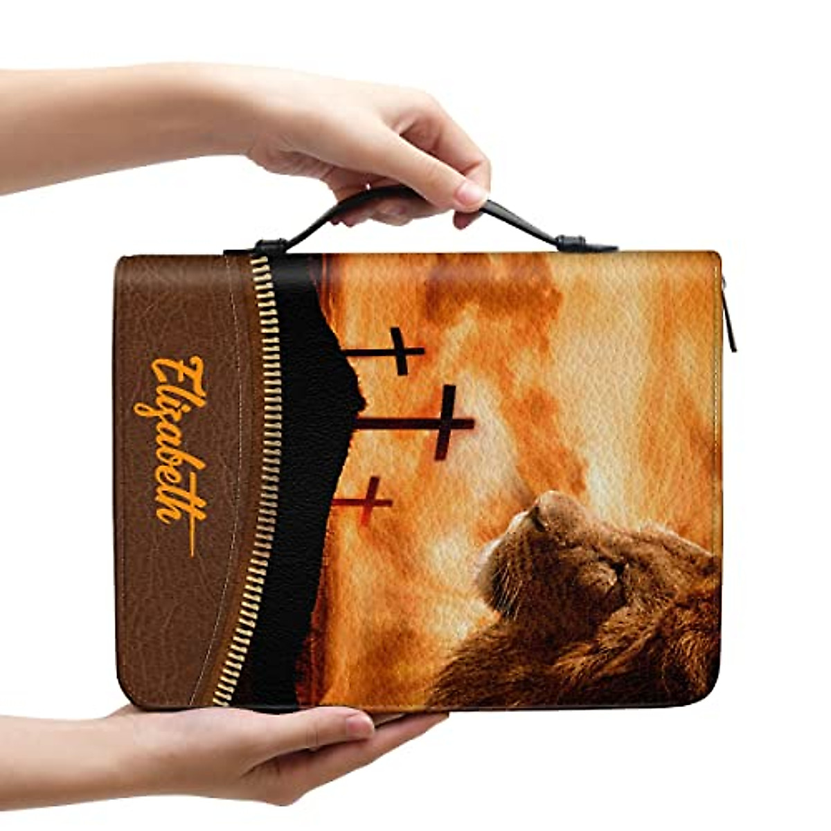 Jesuspirit - Lion & Cross - Zippered Bible Cover With Name - All These Things Will Be Added Unto You - Xlarge Size Leather Case With Handle - Matthew 6:33 - Worship Gift For Religious Leaders, Members