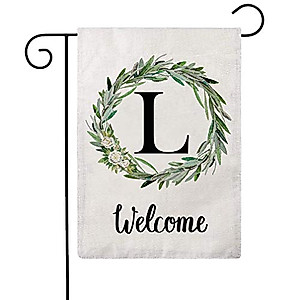 ULOVE LOVE YOURSELF Welcome Decorative Garden Flags with Letter L/Olive Wreath Double Sided House Yard Patio Outdoor Garden Flags Small Garden Flag 12.5×18 Inch