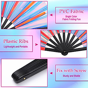 Purpeak 6 Pcs Holographic Rave Fan 13" Festival Fan Large Folding Fan Large Hand Fan Foldable Hand Fan Rave Line Dance Popping Fans for Women Men EDM Music Festivals Halloween Party Dance Club(Blue)