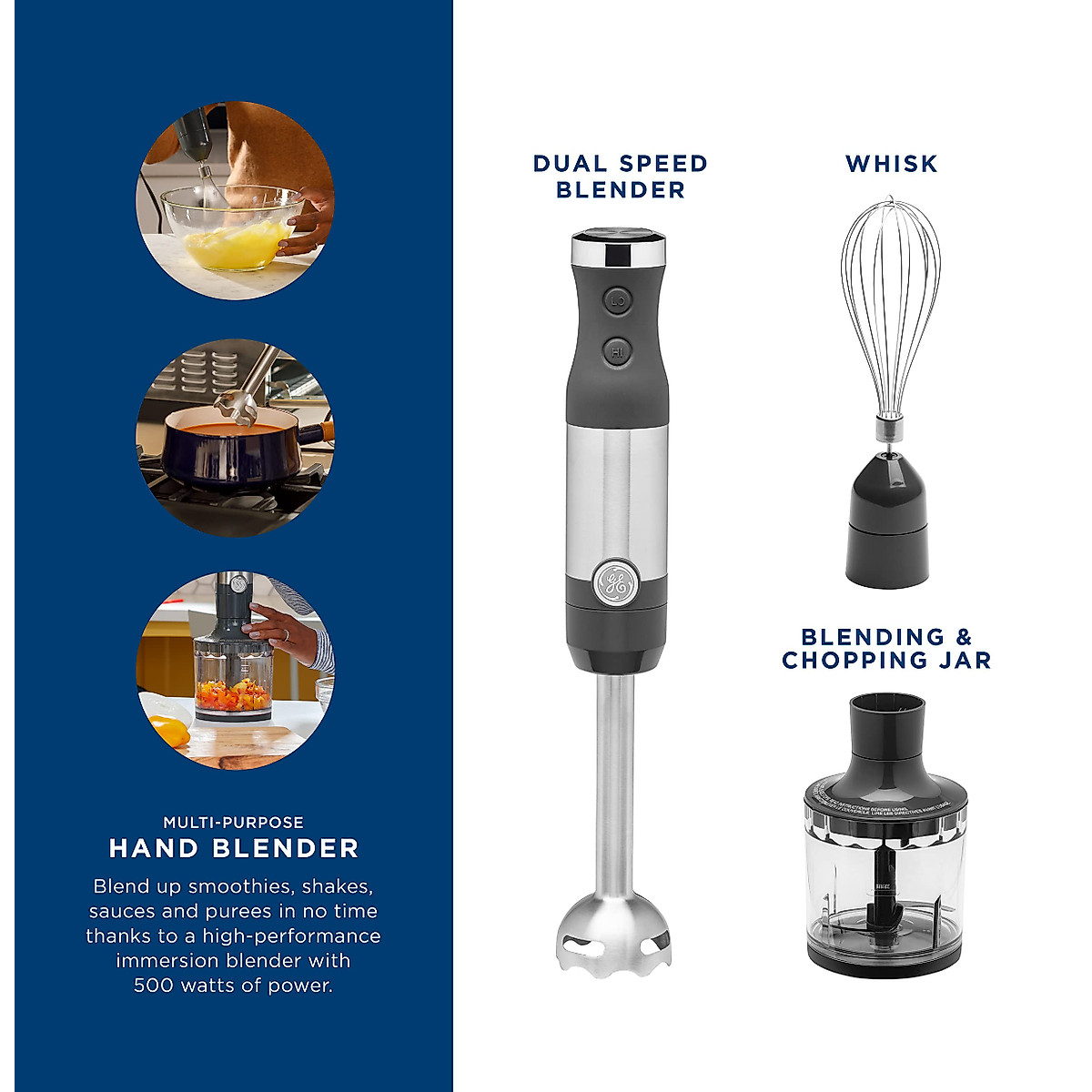 GE Immersion Blender | Handheld Blender for Shakes, Smoothies, Baby Food & More | Includes Whisk & Blending Jar | 2-Speed | Interchangeable Attachment for Easy Clean | 500 Watts | Stainless Steel