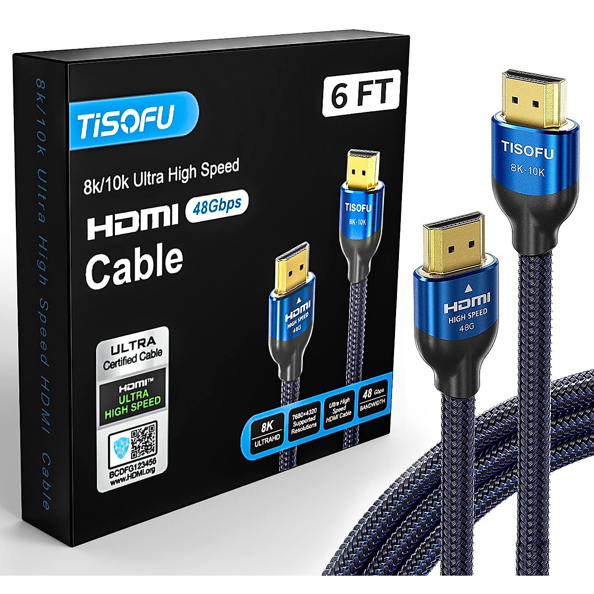 TISOFU【Ultra Certified 10K 8K HDMI Cable 6FT: HDMI 2.1 Cables 48Gbps High Speed Premium Braided Cord 8K@60Hz 4K@120Hz 4K@144Hz HDCP 2.2&2.3 CL3 ARC eARC for HD/HDR/HDTV