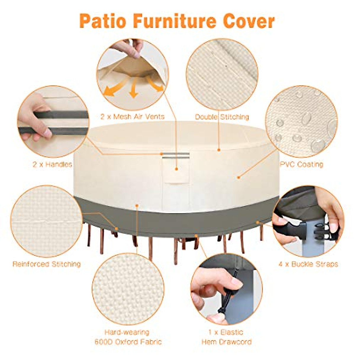 SEKKVY Round Patio Furniture Covers,72 Inch Heavy Duty 100% Waterproof Outdoor Table and Chair Set Covers,All Weather Resistant Lawn Dining Table Covers, Beige & Brown