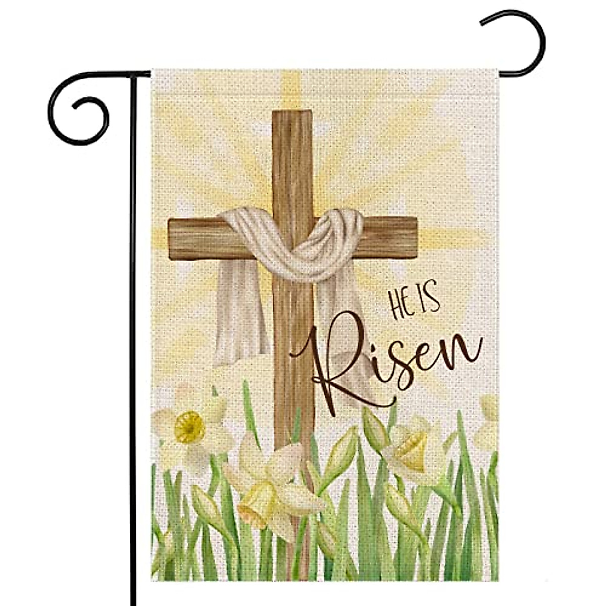 Easter Cross Garden Flag 12x18 Inch Double Sided,Religious Cross He is Risen with Narcissus,Small Spring Yard Flag for Outside Farmhouse Seasonal Holiday Outdoor Decor