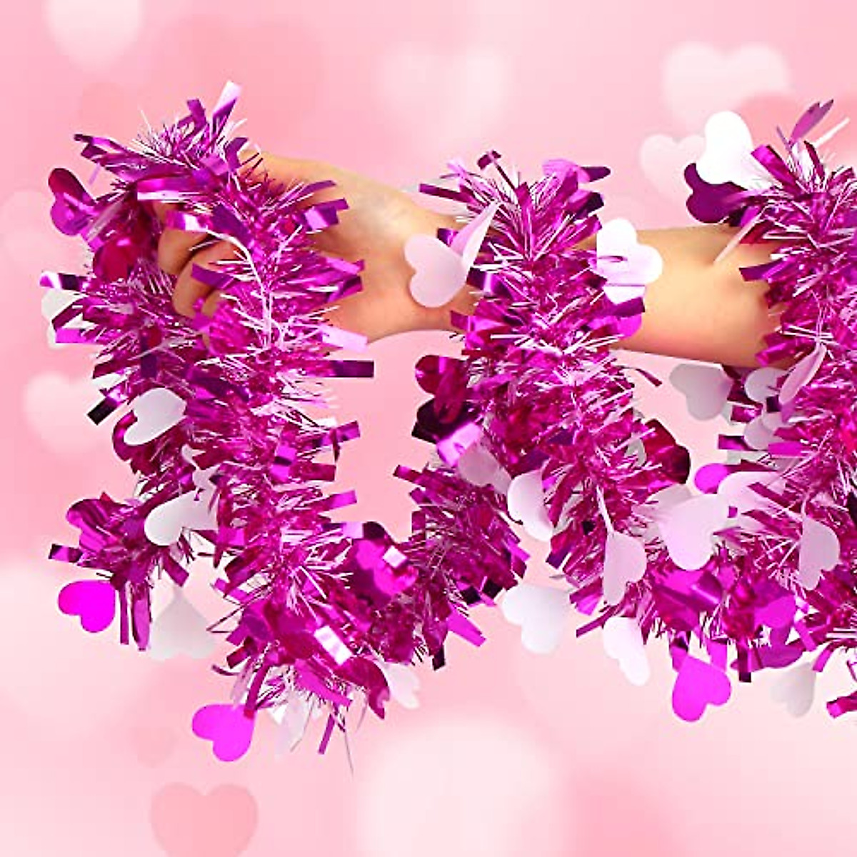 KIMOBER 33 Ft Valentine's Day Tinsel Garland,Roes Red White Heart Metallic Hanging Garland for Party Decoration Supply