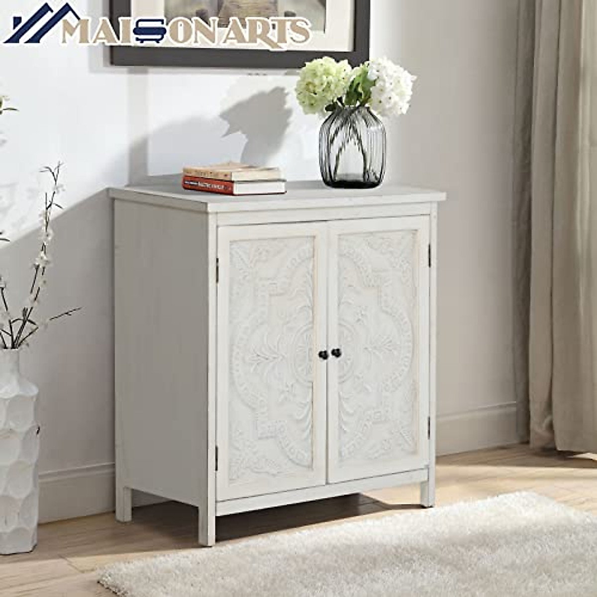 MAISON ARTS White Accent Cabinet with 2 Doors Sideboard Buffet Storage Cabinet Decorative Distressed Cabinet with Carved Pattern Doors for Bedroom Living Room Kitchen Farmhouse, White Embossed Flower