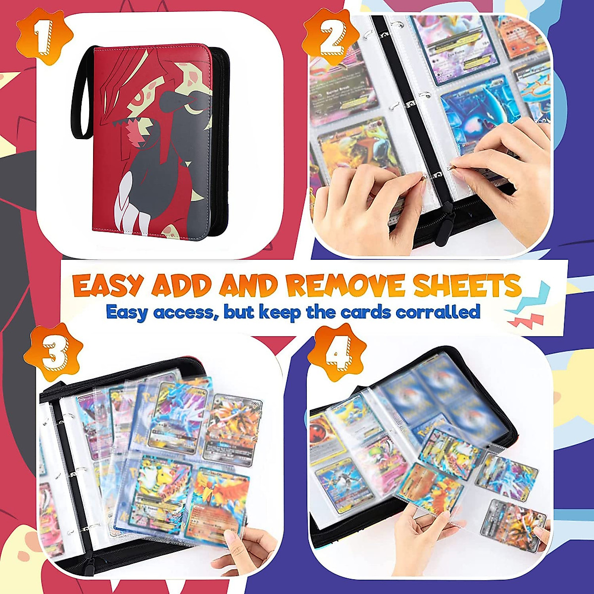 4-Pocket Poke-Monster Card Binder, 400 Pockets Trading Card Binder Zipper Binder Case Album Trading Card Games Collection Binder with Sleeves, Toys Gifts for Kids