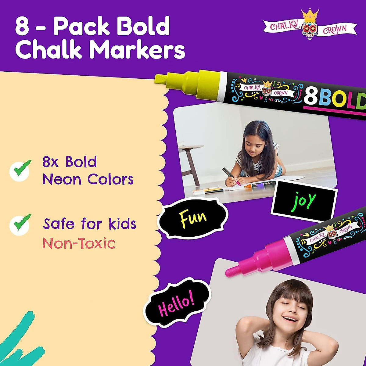 Bold Chalk Markers - Dry Erase Marker Pens - Chalk Markers for Chalkboards, Signs, Windows, Blackboard, Glass - Reversible Tip (8 Pack) - (Multicolored, 6mm)