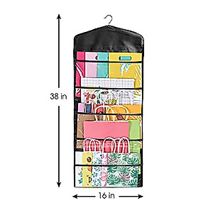 Primode Gift Bag and Tissue Paper Storage, Hanging Organizer with Multiple Front and Back Pockets Double Sided, Organize Gift Wrap and Paper Bags 38 x 16 Inch (Full Black)