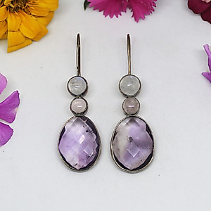 925 Sterling Silver Amethyst, Rose Quartz and Rainbow Moonstone Earring Jewelry Dangle Genuine Earring Ravaria Jewelry