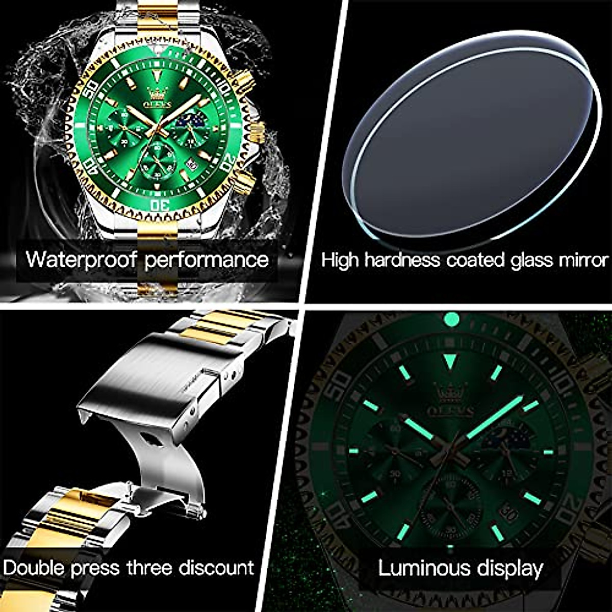 OLEVS Mens Watches Green Chronograph Luxury Dress Moon Phase Quartz Stainless Steel Waterproof Luminous Business Calendar Wrist Watch