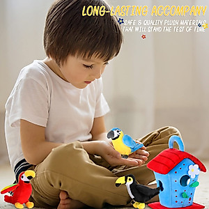 Skylety 5 Pcs Bird Stuffed Animal with Plush Bird House Bird Plush Toy Cockatoo Macaw Parrot Red Macaw Oriole Toucan for Animal Themed Birthday Party Toys