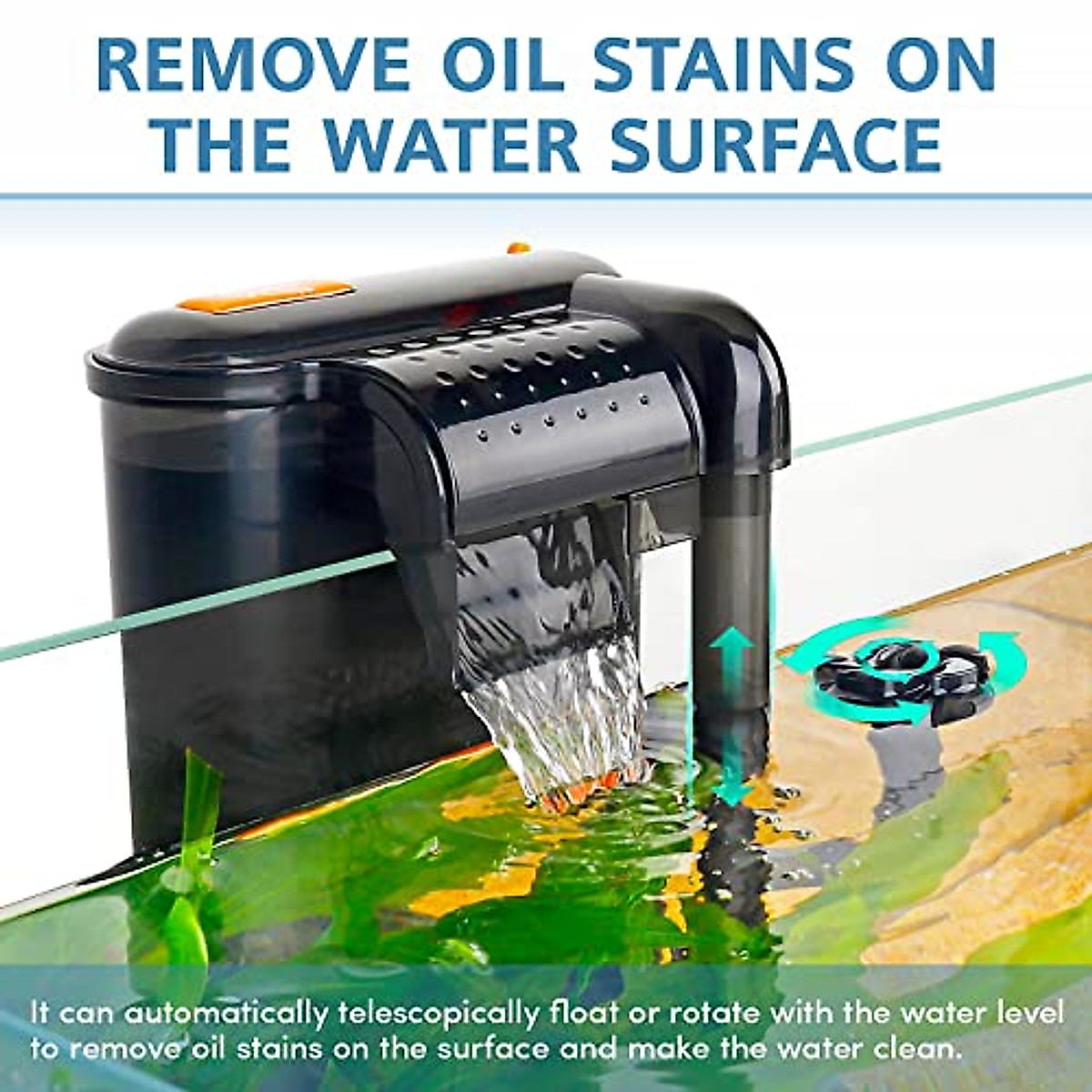 hygger Hang On Aquarium Filter, 100GPH Rotatable Surface Oil Skimmer, Quiet Power Fish Tank Filter with Adjustable Water Flow Retractable Water Inlet Tube for Freshwater Saltwater Tank Filter (S/M)