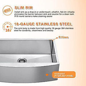 33 Inch Handmade Kitchen Sink Farmhouse Apron Front 18-gauge Stainless Steel Tight Radius, 33" x 22" x 10"