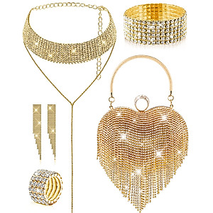 MTLEE 5 Pcs Heart Purse Rhinestone Tassel Evening Clutch Bag Valentine's Day Jewelry Set for Women Wedding Dinner (Gold)