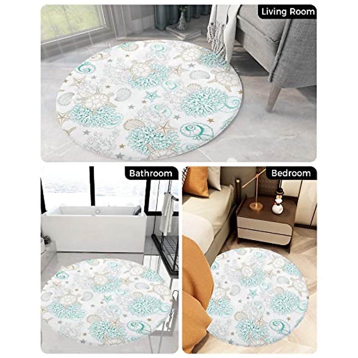 Round Carpet Plush Area Rug Ocean Cute Sea Turtle Coral Shell Starfish, Soft Shaggy Floor Mats Circular Furry Rugs Cartoon Art for Bedroom/Living Room/Nursery/Kids Room