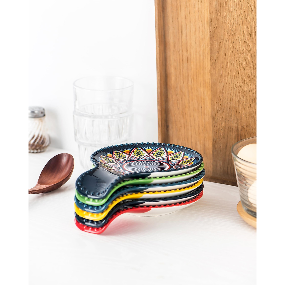 Ceramic Spoon Rest for Stove Top, Large Spoon Holder for Kitchen Counter, Cooking Utensil Rest for Ladle, Spatula, Tongs, Housewarming Gifts Set of 6 - Bohemian Style