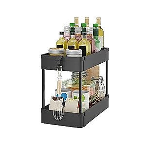 Boeeoan Under Sink Organizers Storage Rack, 2 Tier Under Bathroom Cabinet Shelf Basket, Multi-Purpose Storage Cart with Hooks for Kitchen Bathroom Bedroom Livingroom, Black