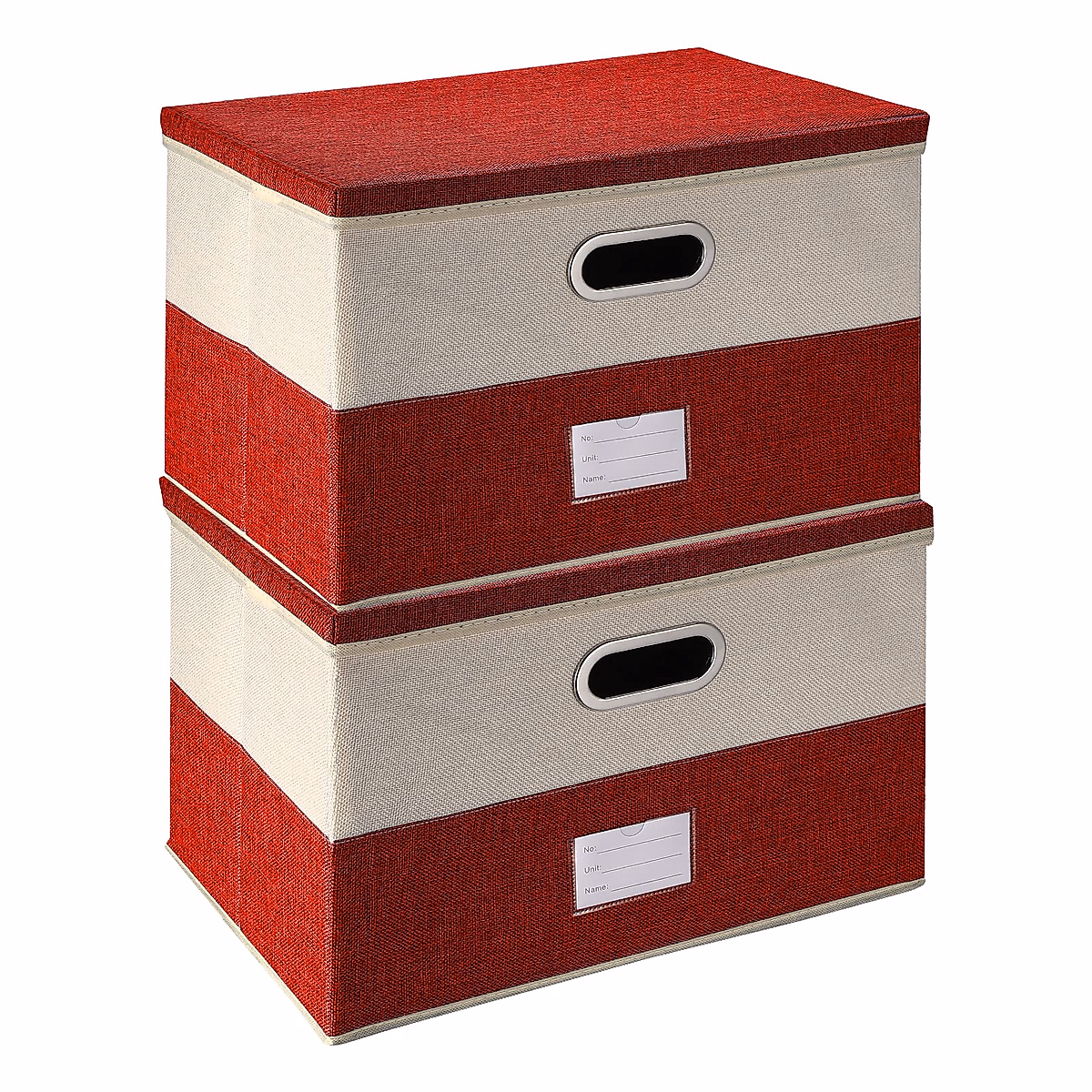 Fassave Foldable Storage Bins with Lids, 2 Packs Fabric Storage Container Basket Cube with Handles for Office, Bedroom, Closet (Medium-2 Pack, Beige&Red)
