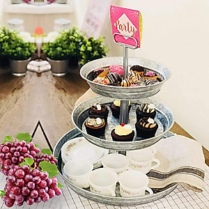 FRANK PRESSIE 3 Tiered Serving Stand Farmhouse Decor Galvanized Metal 3-Tiered Tray for Party Rustic Three Tier Grey Basket with 50pcs Tulip Cupcake Liners, Silver