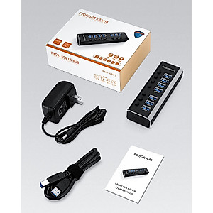USB Hub 3.0 Powered Rosonway Aluminum 7 Ports USB 3.0 Data Hub Splitter with 24W (12V/2A) Power Adapter and Individual On/Off Switches USB Port Expander for PC and Laptop (RSH-A37S)