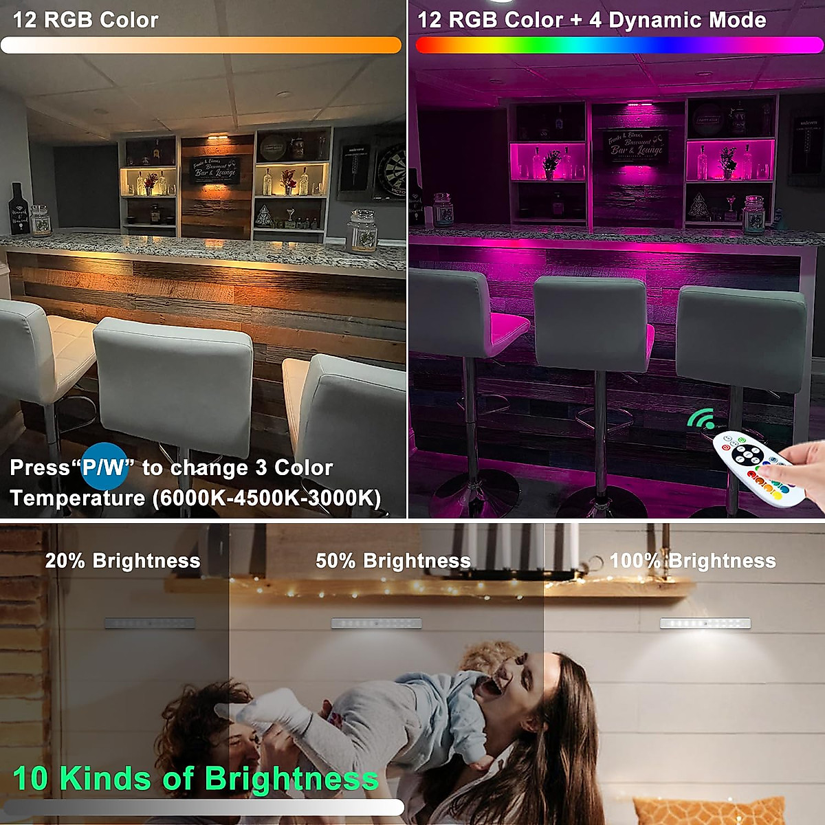 Under Cabinet Lights Wireless, Dimmable 48 LED Closet Lights Rechargeable, Under Counter Lighting with Remote, 15 Color Changing Night Light RGB Bar for Home Shelf Kitchen Pantry Stair, 4 Pack